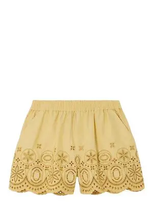 La DoubleJ Scalloped Broderie Anglaise-trimmed Cotton-poplin Shorts - Yellow