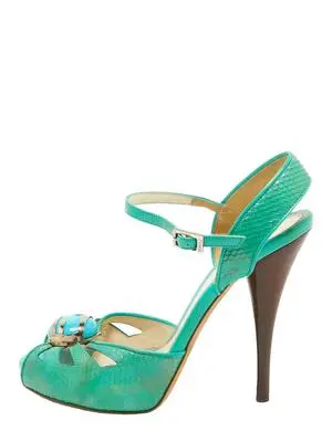 Fendi Snakeskin Embossed Patent Leather Sandals - Green