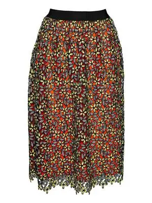 SELF-PORTRAIT Floral-embroidered Midi Skirt - Red