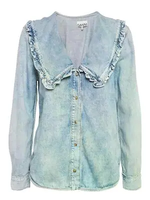 GANNI Ruffled-collar Denim Shirt - Blue