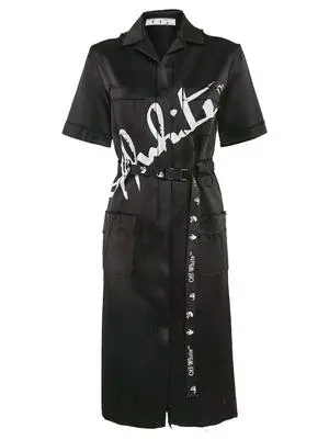 Off-White Satin Belt Dress - Black