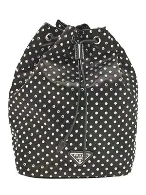 Prada Crystal Embellishment Drawstring Bucket Bag - Black