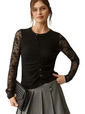 Maeve Cashmere Blend Asymmetric Lace-sleeve Sweater - Black