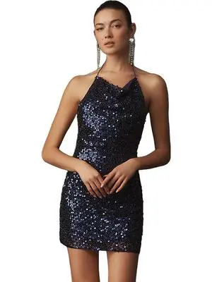 Shona Joy Everly High-cowl-neck Sequin Mini Dress - Moonlight