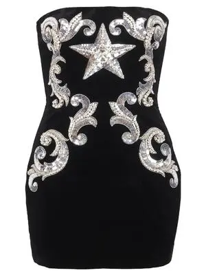 Balmain Paisley Embroidered Strapless Velvet Dress - Black