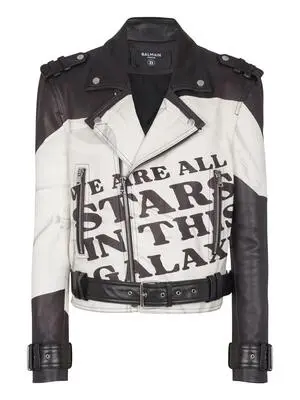 Balmain Leather Biker Jacket With Printed Detail - Black