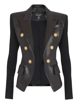 Balmain Six-button Knit Lambskin Leather Jacket - Black