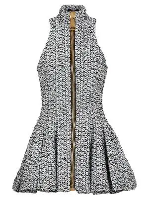 Balmain Sleeveless Flared Tweed Dress - White