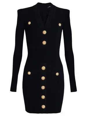 Balmain Short Knit Dress With Gold Buttons - Black