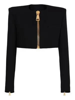 Balmain Cropped Jacket In Grain De Poudre Wool - Black