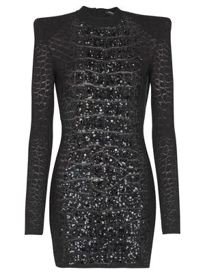 Balmain Crocodile Knit Sequin Mini Dress - Black