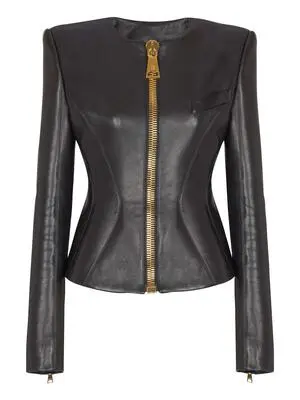 Balmain Cropped Peplum Lambskin Jacket - Black