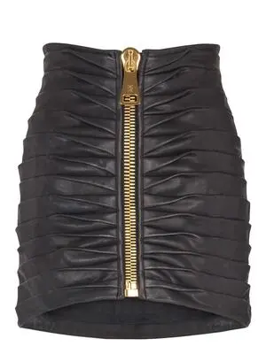 Balmain Short Pleated Lambskin Skirt - Black