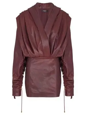 Balmain Short Hooded Lambskin Dress - Burgundy