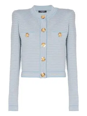Balmain Long-sleeved Textured Knit Cardigan - Blue