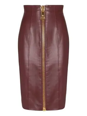 Balmain Lambskin Leather Pencil Skirt - Burgundy