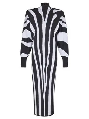 Balmain Long Knit Dress With Zebra Intarsia - Black