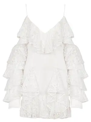 Balmain Satin Dress With Lace Ruffles - White