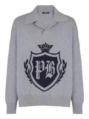 Balmain College Emblem Eco-cashmere Polo Sweater - Grey