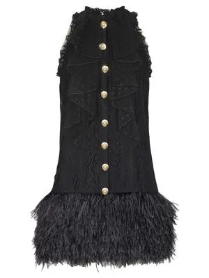 Balmain Lace And Feather Halter Dress - Black