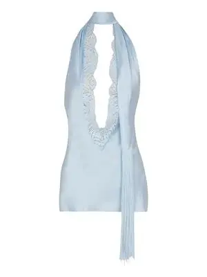 Balmain Backless Fringed Satin Top - Blue
