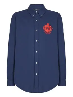 Balmain College Emblem Shirt In Oxford Cotton - Navy
