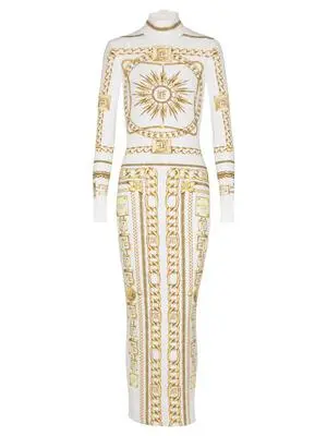 Balmain Long Printed Bodycon Dress With Foulard Pattern - Gold