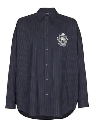 Balmain Striped Wool College Emblem Shirt - Navy