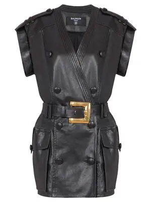 Balmain Lambskin Leather Belted Mini Dress - Black