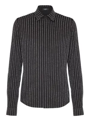 Balmain Cotton Shirt With Crystal Stripes - Black