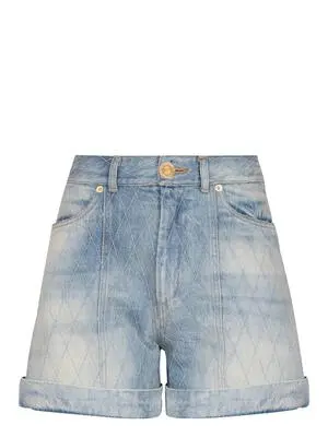 Balmain Topstitched Diamond Denim Shorts - Blue