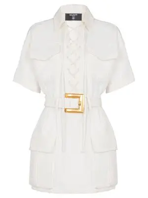 Balmain Lace-up Cotton Canvas Mini Dress - White