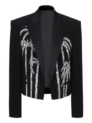 Balmain Cropped Crepe Jacket With Palm Tree Embroidery - Black
