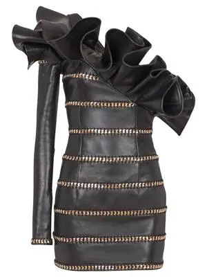 Balmain Asymmetric Leather Bodycon Dress With Chains - Black