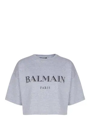 Balmain Boxy Cropped T-shirt With Print - Grey