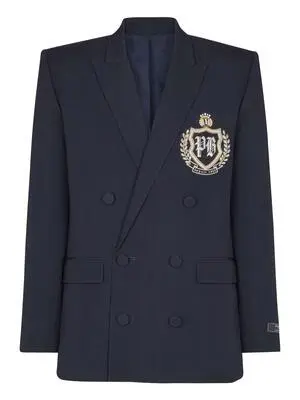 Balmain Wool Blazer With Crystal Patch - Navy