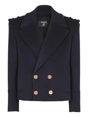 Balmain Cropped Wool Reefer Jacket - Navy