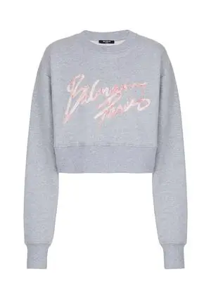 Balmain Printed Cotton Cropped Sweatshirt - Grey