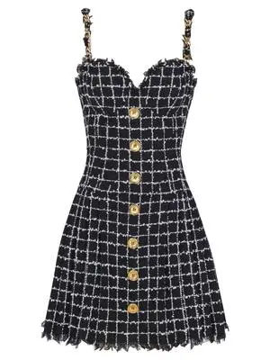 Balmain Tweed Mini Dress With Chain Straps - Black
