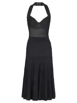 Balmain Halterneck Pleated Knit Midi Dress - Black