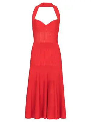 Balmain Halterneck Pleated Knit Midi Dress - Red