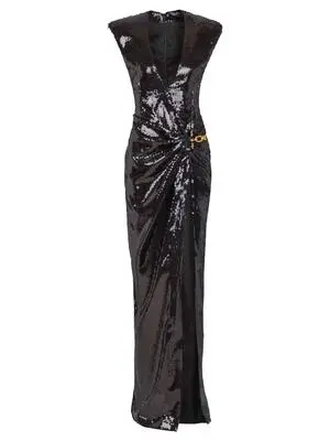 Balmain Long Draped Sequin Dress - Black