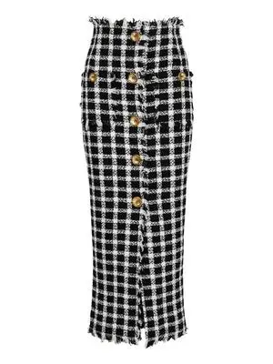 Balmain Long Gingham Tweed Skirt - Black