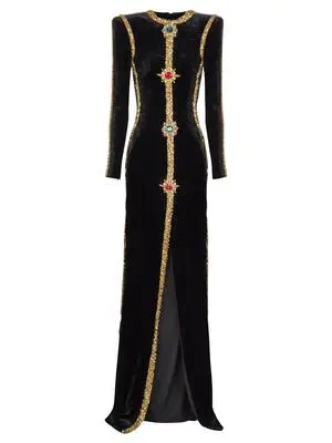 Balmain Long Embellished Velvet Dress - Black