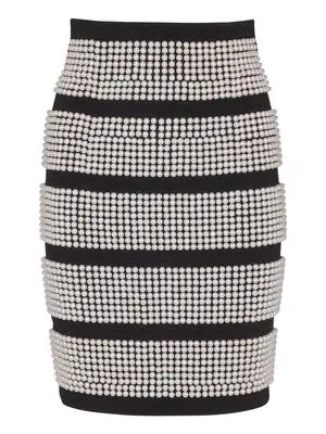Balmain High-waist Striped Mini Skirt With Pearl Embroidery - White