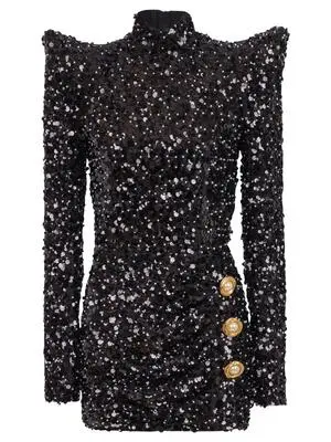 Balmain Buttoned Sequined Mini Dress - Black