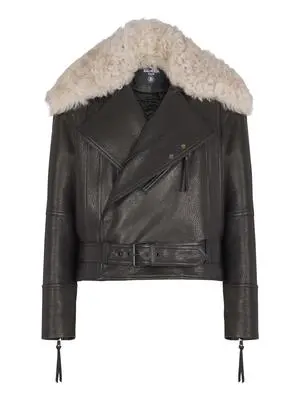 Balmain Leather Biker Jacket With Shearling Collar - Black