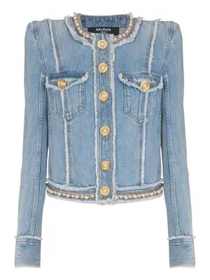 Balmain Denim Jacket With Pearl Trim - Blue