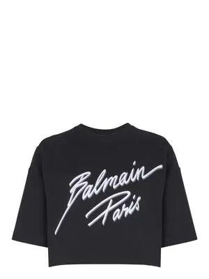 Balmain Cropped T-shirt With Flocked Logo - Black