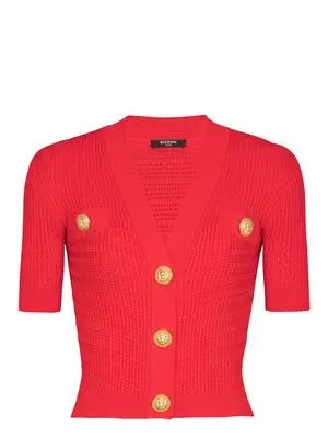 Balmain Short-sleeve Buttoned Knit Crop Cardigan - Red